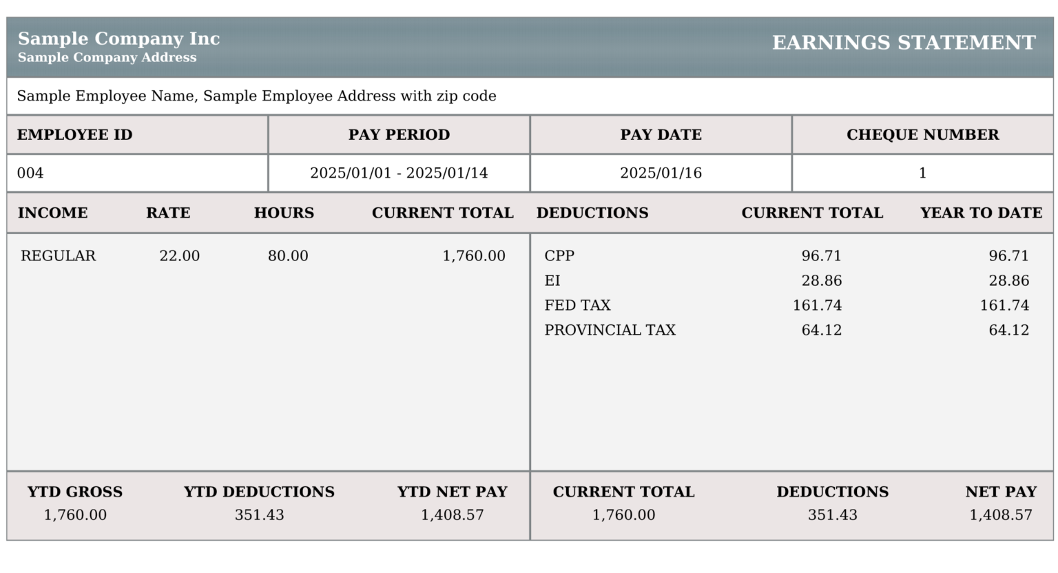 Sample Pay Stub - Canadian Online Pay Stub Generator