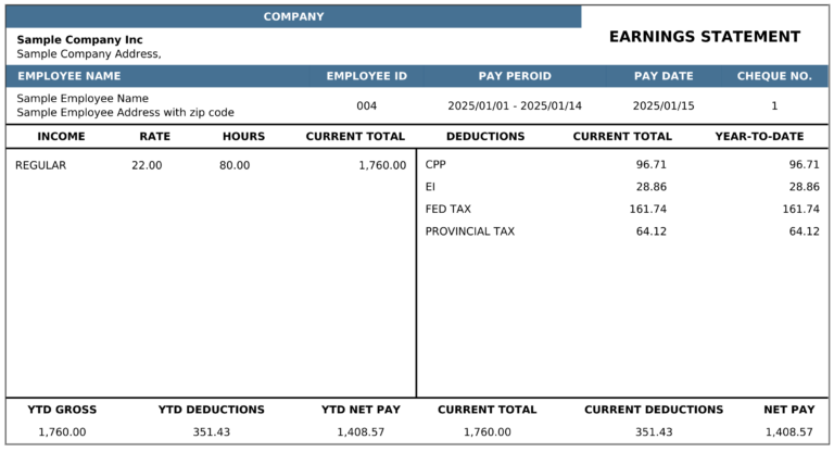 Sample Pay Stub - Canadian Online Pay Stub Generator
